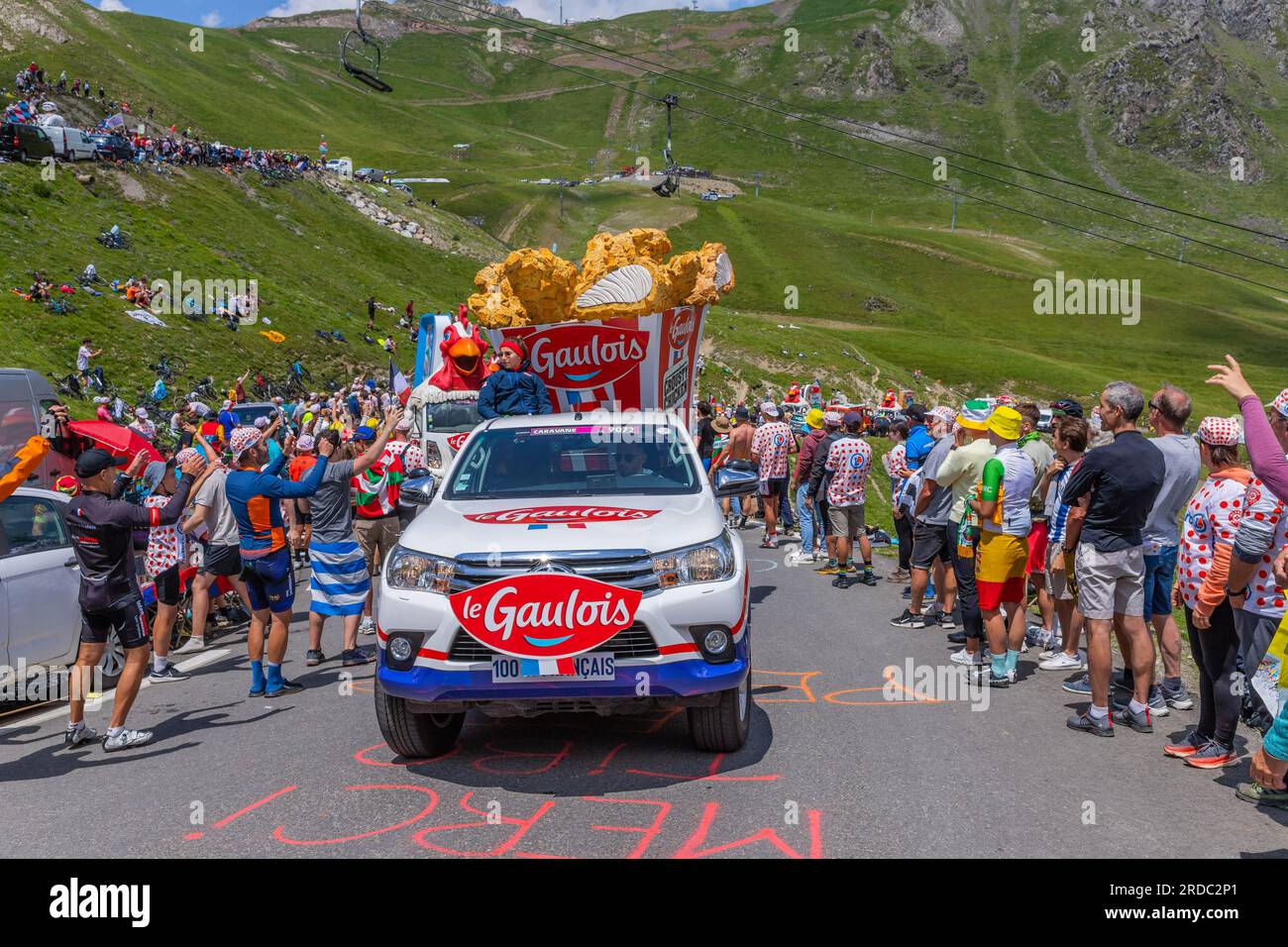 Col du Tourmalet, France - July 06 2023: Caravan car at the top of the ...
