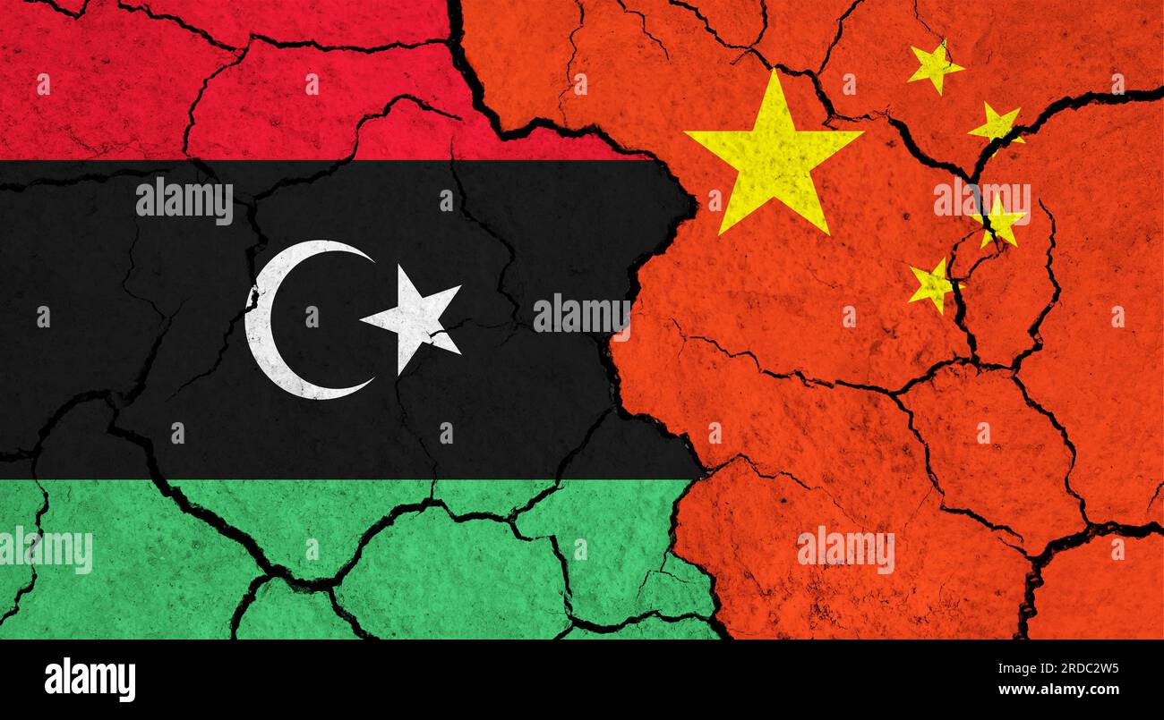 Flags of Libya and China on cracked surface - politics, relationship ...