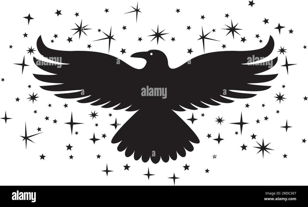 Raven bird with sparks and stars black and white. Vector illustration ...