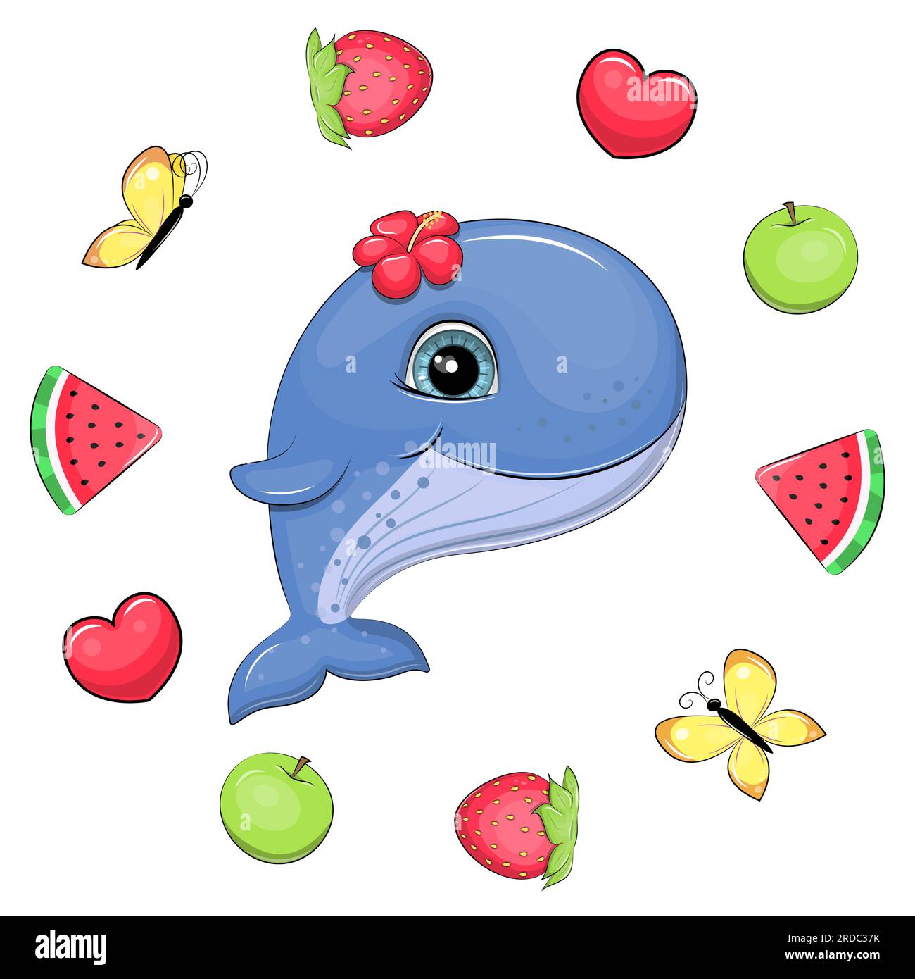 Cute cartoon blue whale in a fruit frame. Summer animal vector ...