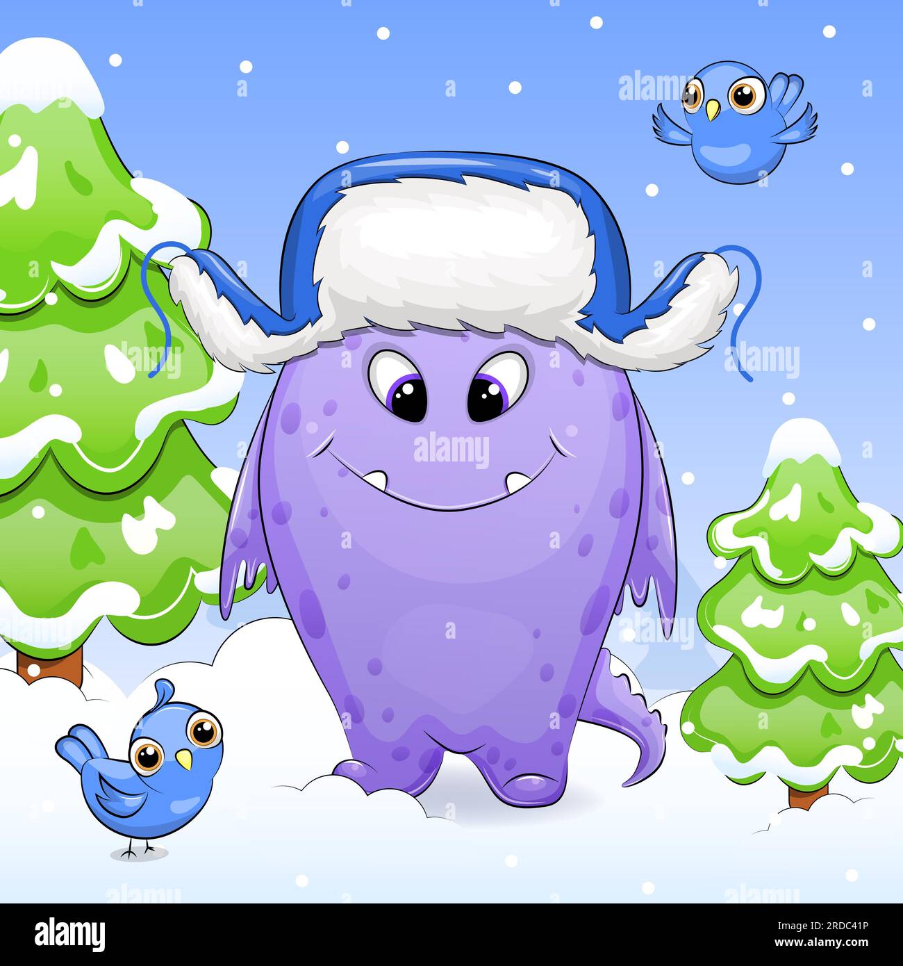 Cute cartoon monster in a blue hat with ear flaps. Winter vector ...