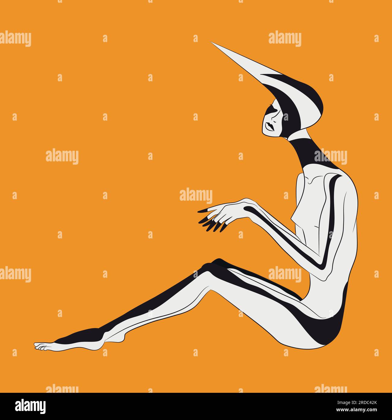 Abstract portrait of a woman with black lines on the body and a pointed ...