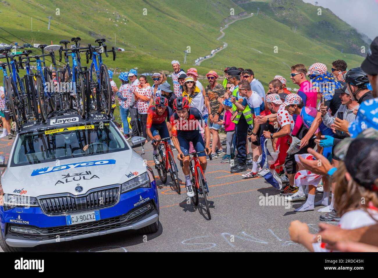 Col du Tourmalet, France - July 06 2023: Tom Pidcock climbig the road ...