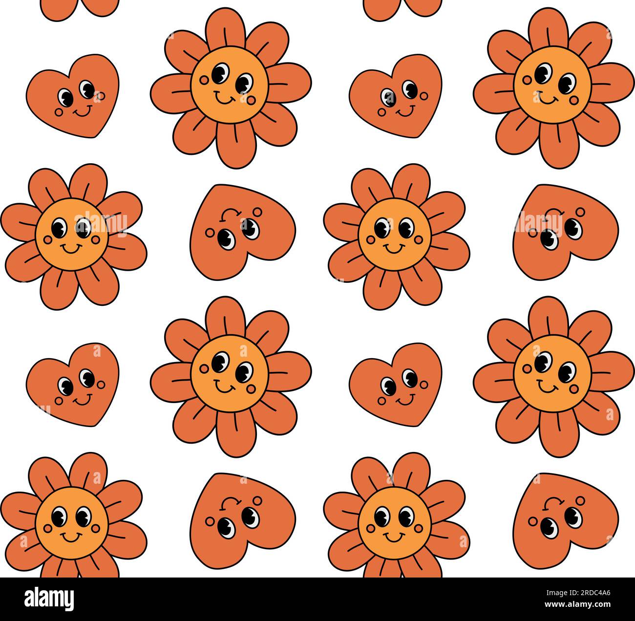 Vector seamless pattern of retro groovy flowers and hearts isolated on ...