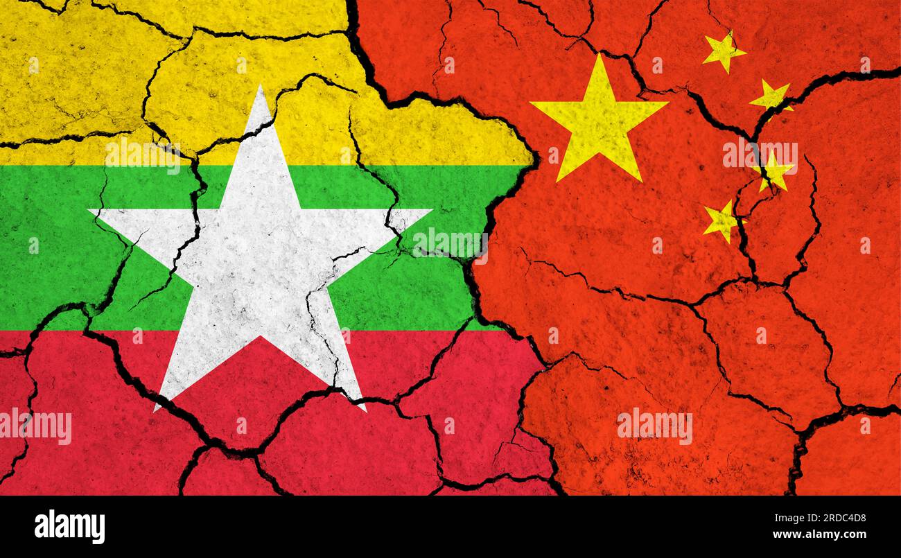 Flags of Myanmar and China on cracked surface - politics, relationship ...