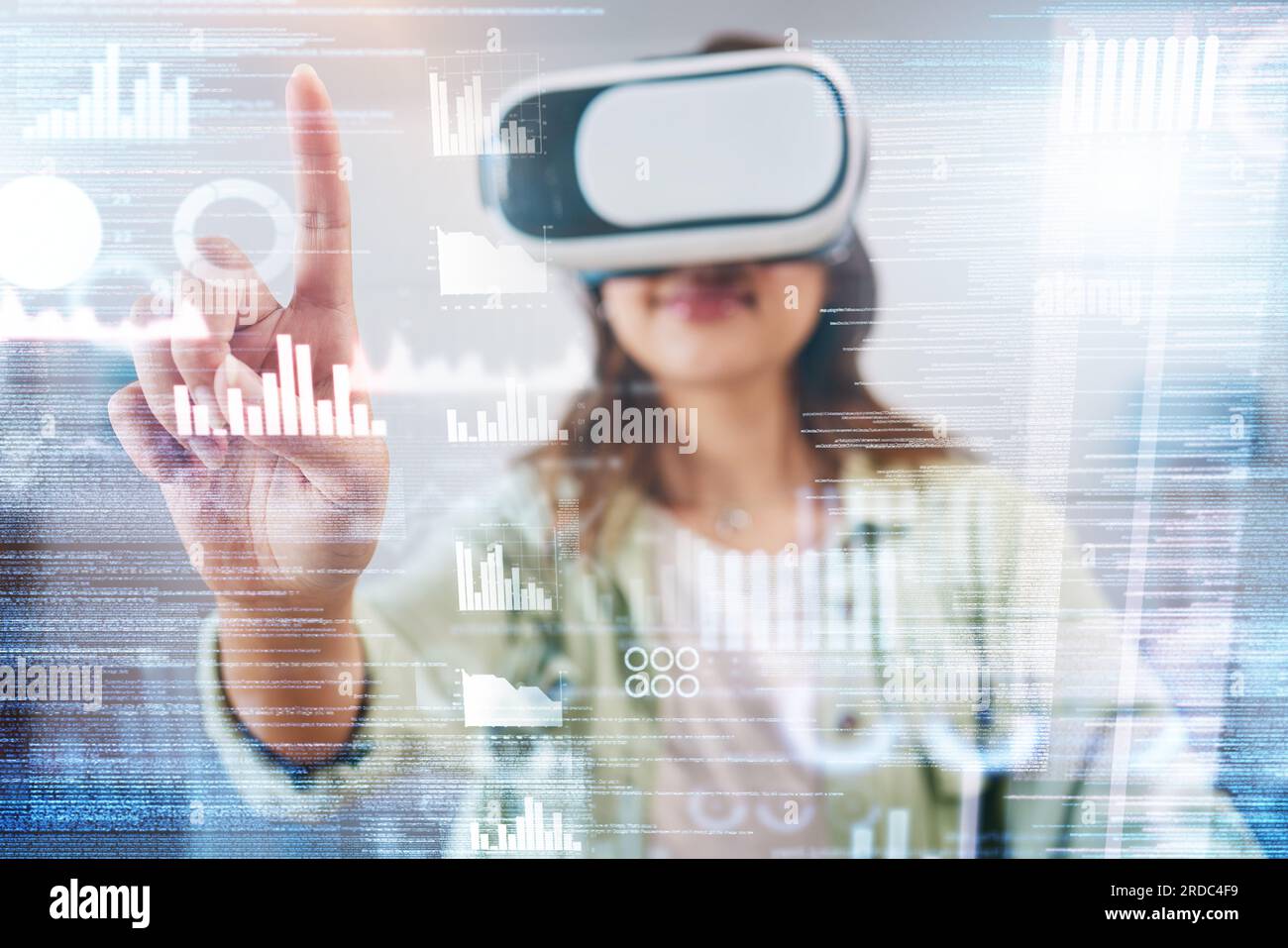 Business woman, hologram and virtual reality chart with press, choice ...