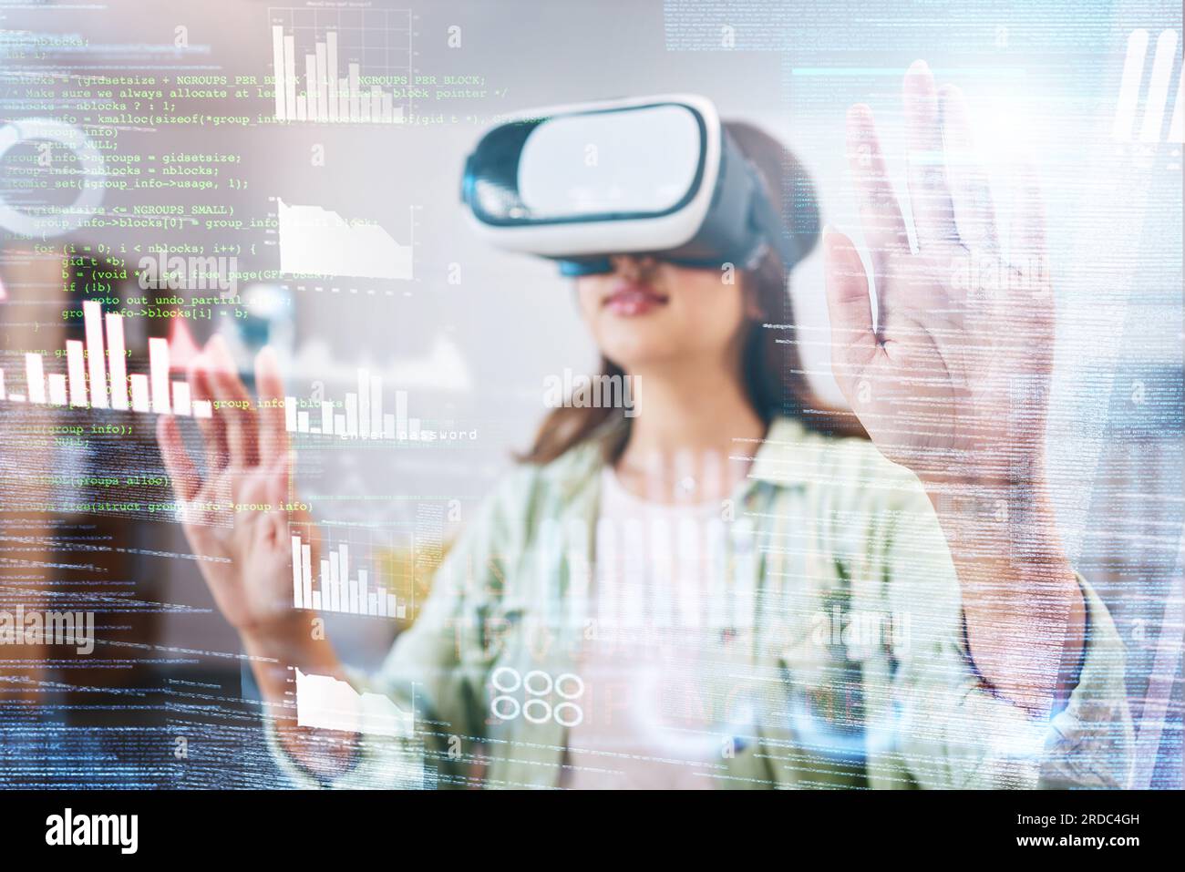 Business woman, vr and holographic chart with glasses, big data ...