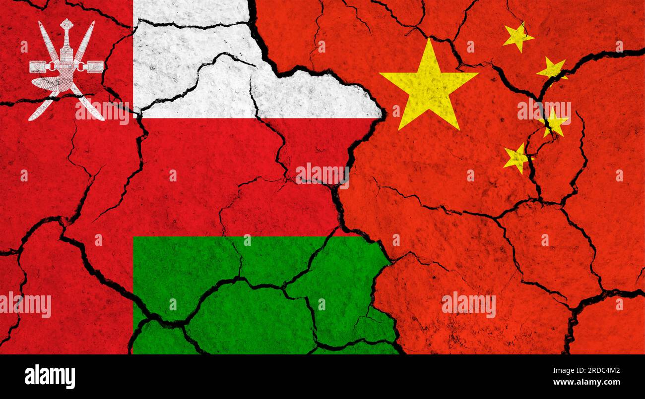 Flags of Oman and China on cracked surface - politics, relationship ...