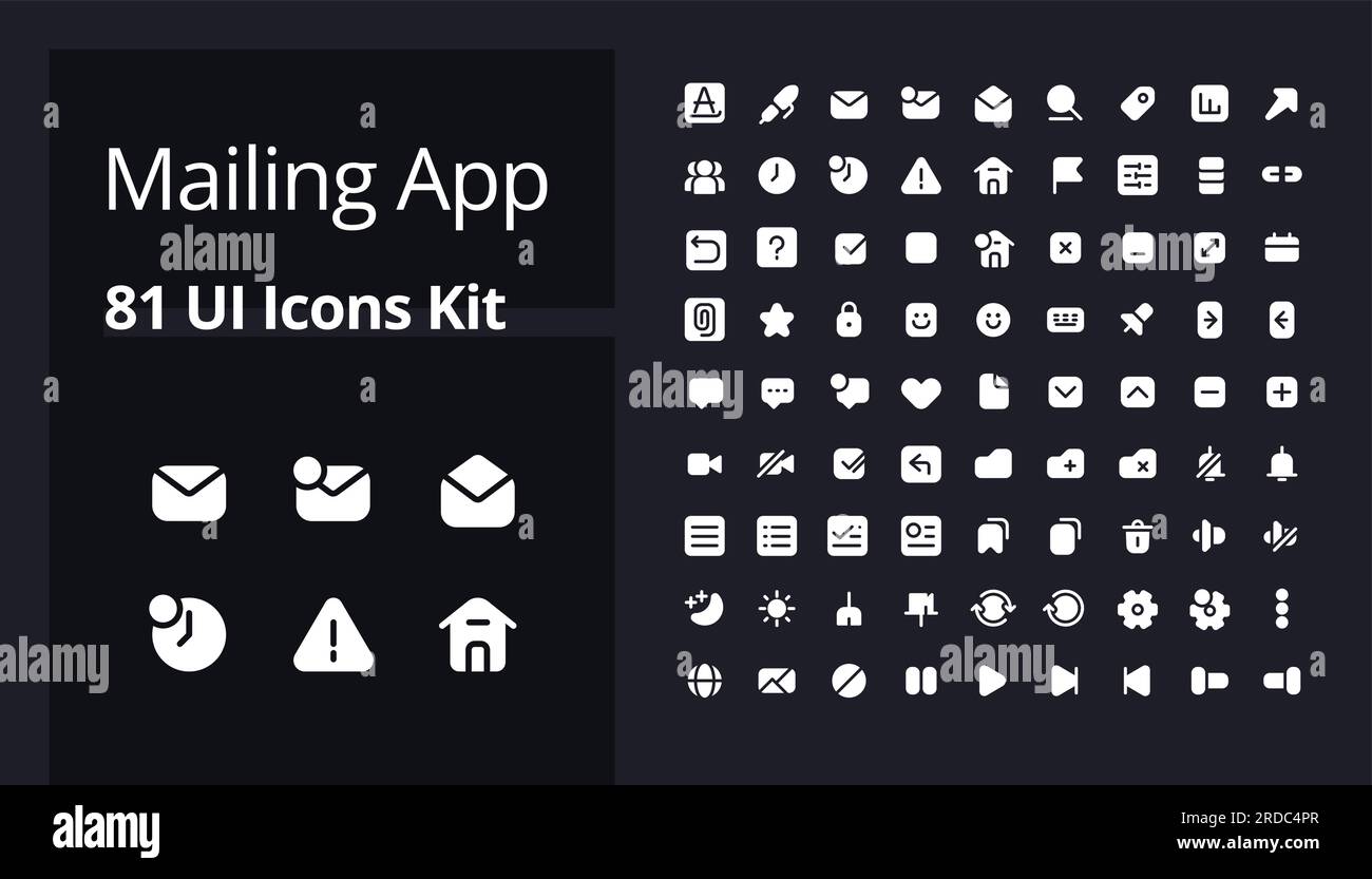 Mailing app white glyph ui icons kit for dark mode Stock Vector Image ...