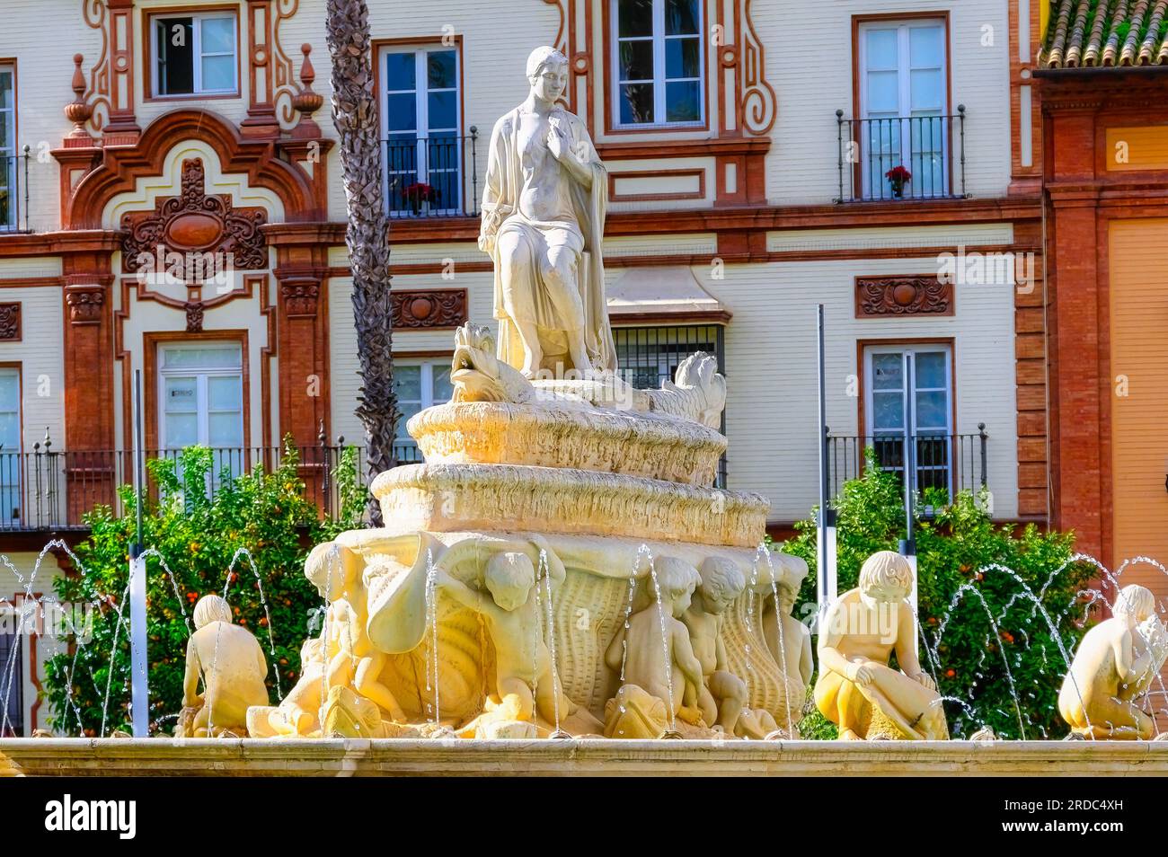 Seville, Spain, Hispalis fountain in the Puerta de Jerez. Historical ...