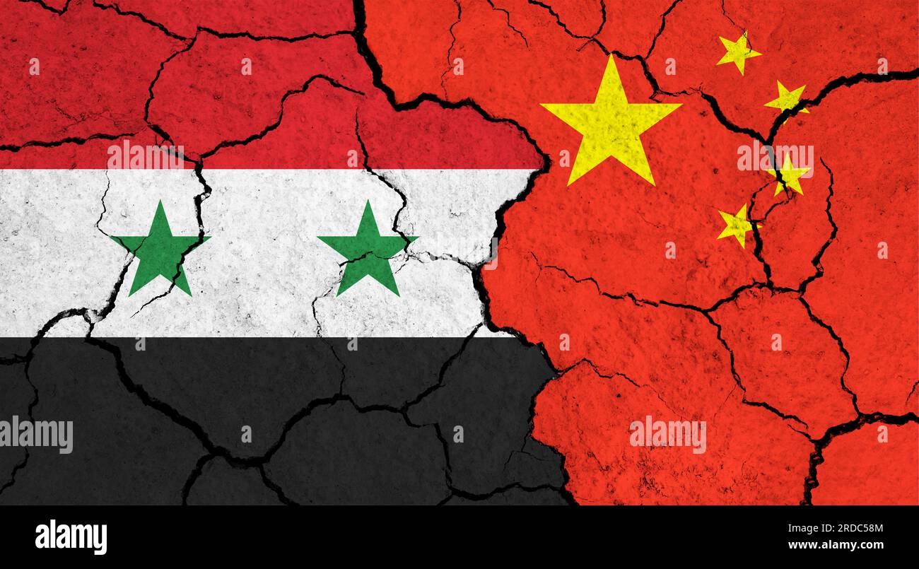 Flags of Syria and China on cracked surface - politics, relationship ...