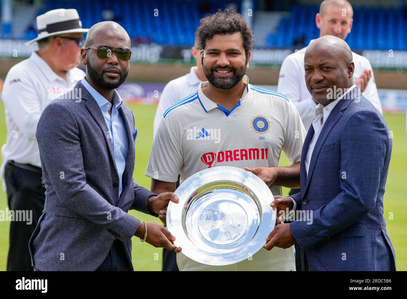 India's captain Rohit Sharma, center, pose with CWI president Dr ...