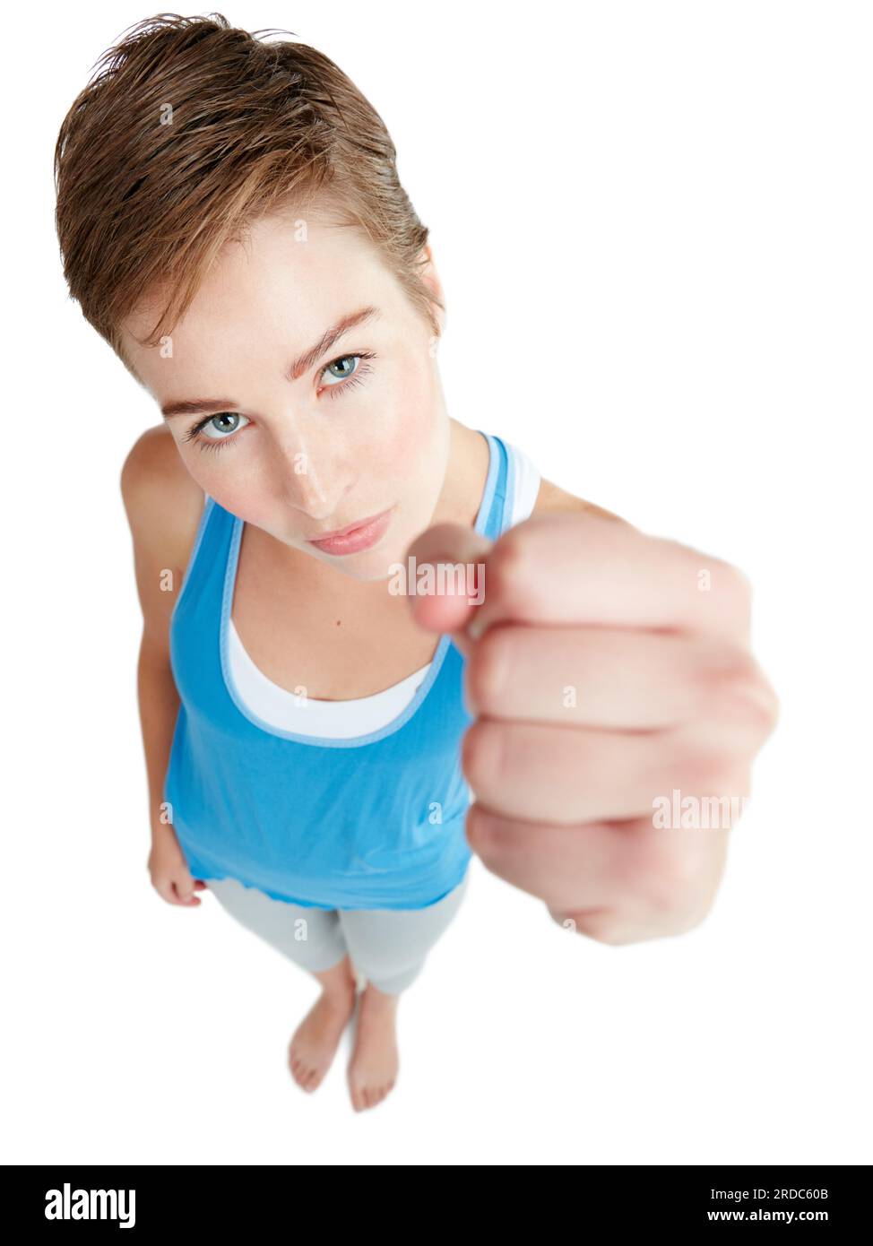 Top view, woman and fist for anger, fight and furious with female ...