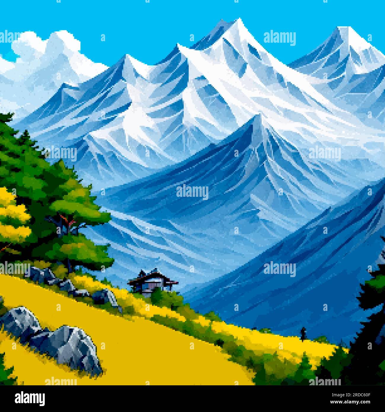 Landscape 8bit pixel art. Summer natural landscape mountain scenery ...
