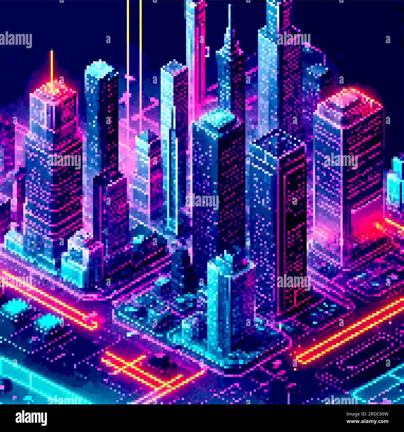 Three-dimensional projection pixel 8-bit art view of the city. 3D ...
