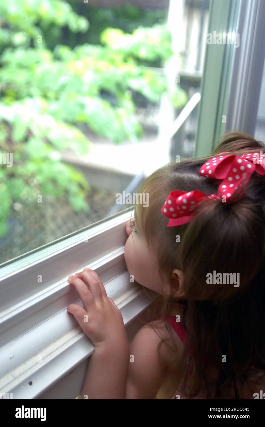 Toddler stretches to look outside her window. Her nose is pressed ...