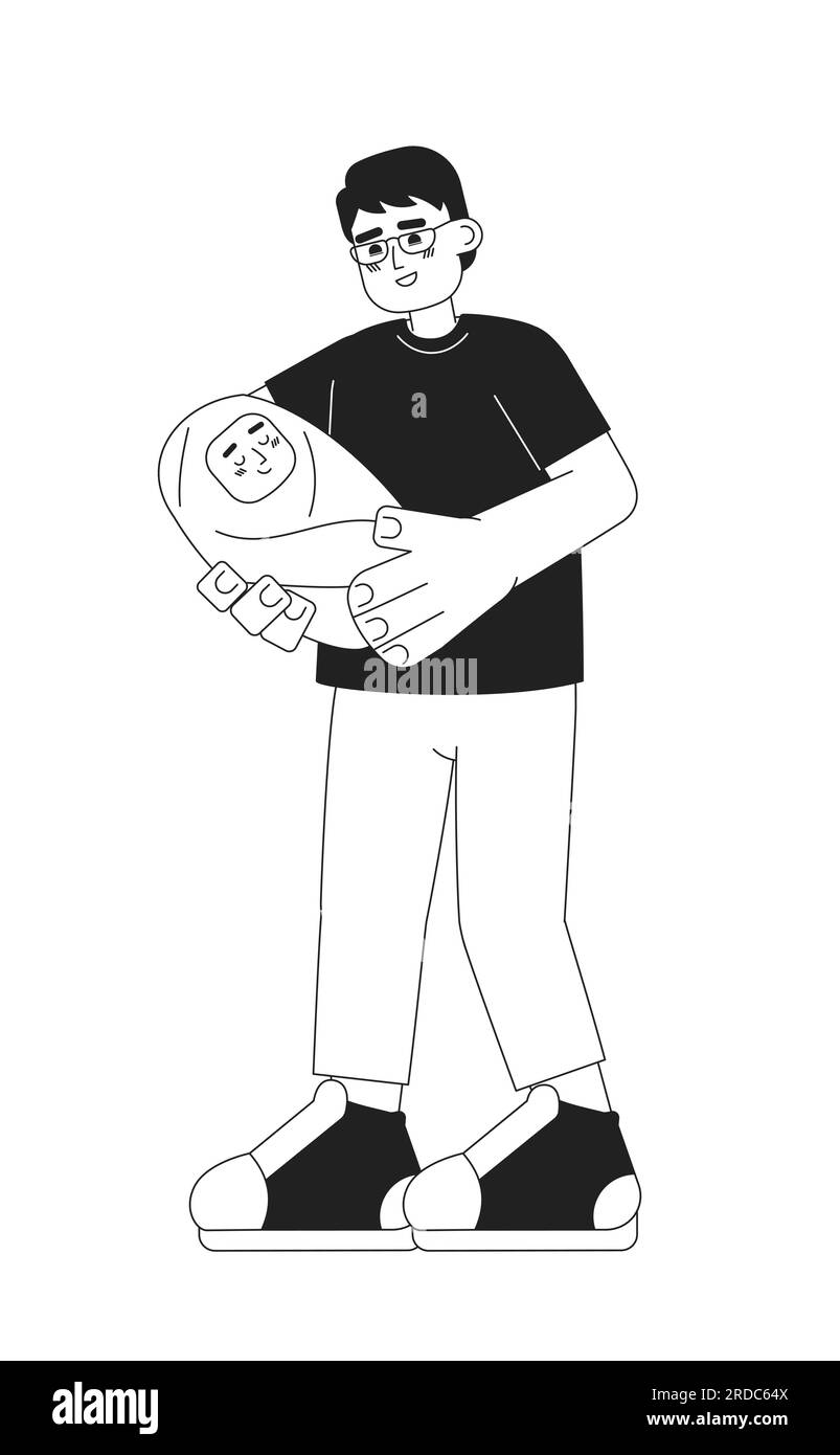 Asian dad bonding with baby monochromatic flat vector characters Stock ...