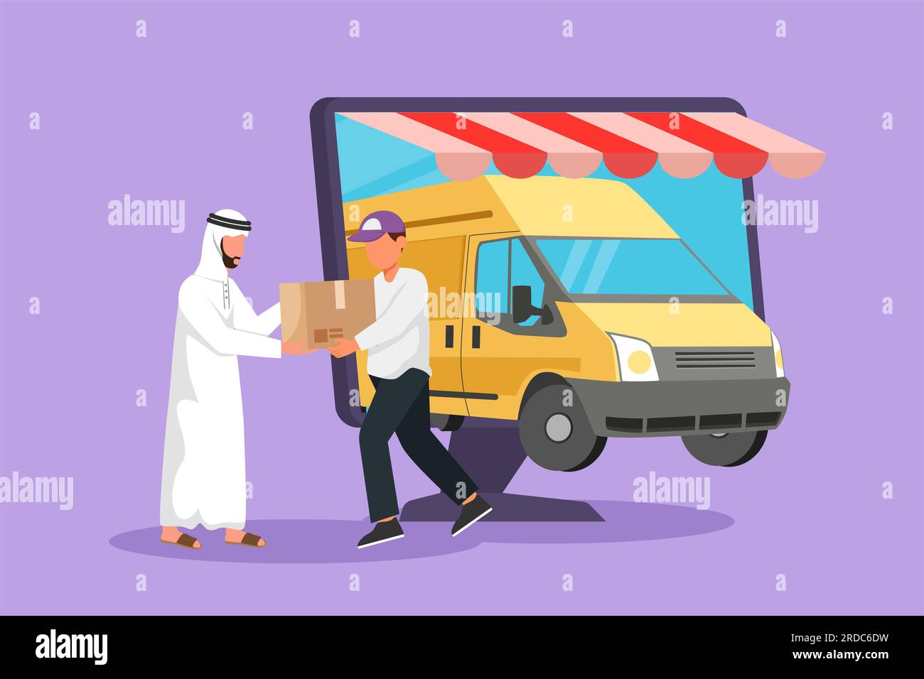 Character flat drawing delivery box car come out partly from big ...