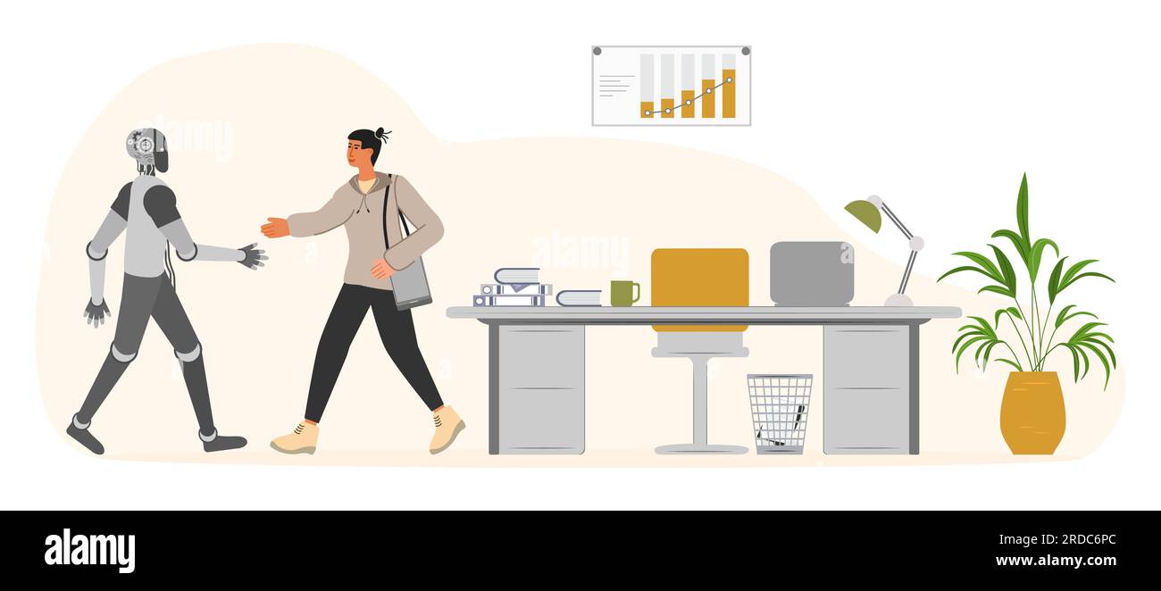 Man and robot hold out their hands to each other to greet. Interaction ...