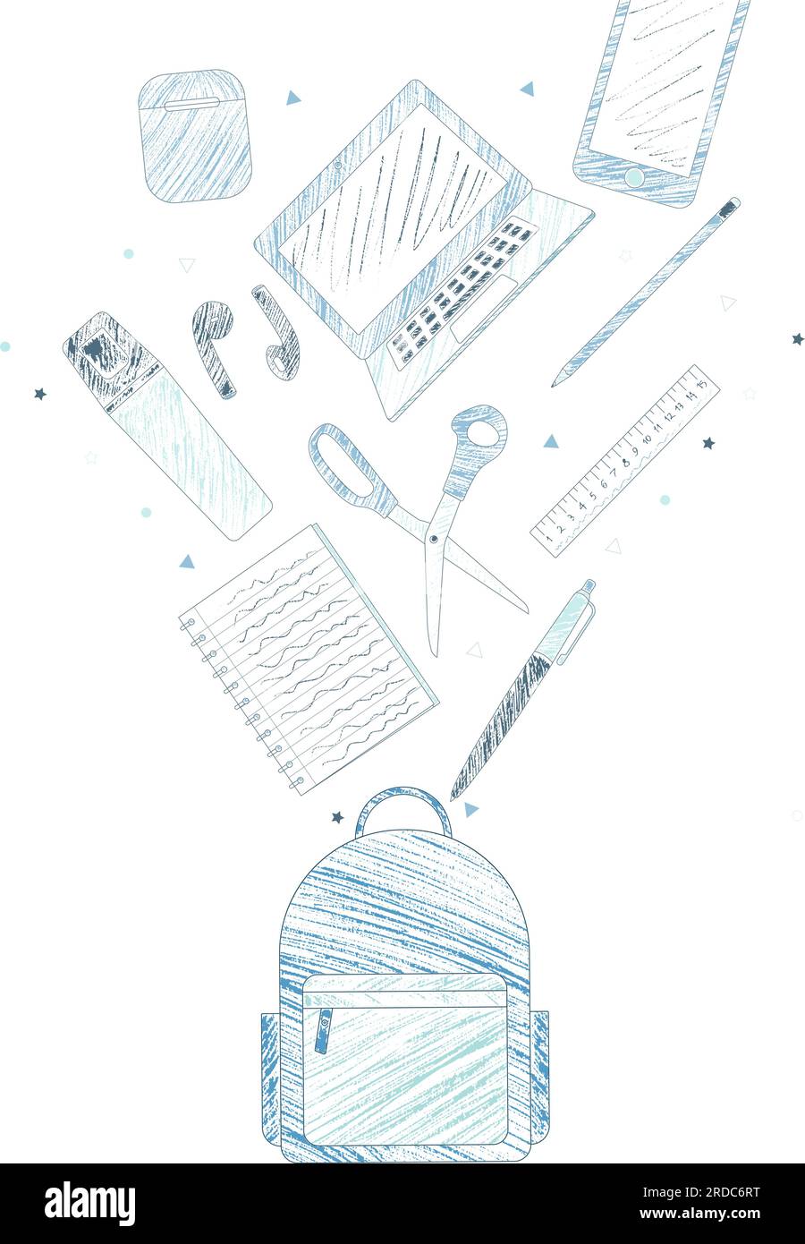 School supplies and e-learning items sketch style blue coloring pencils ...