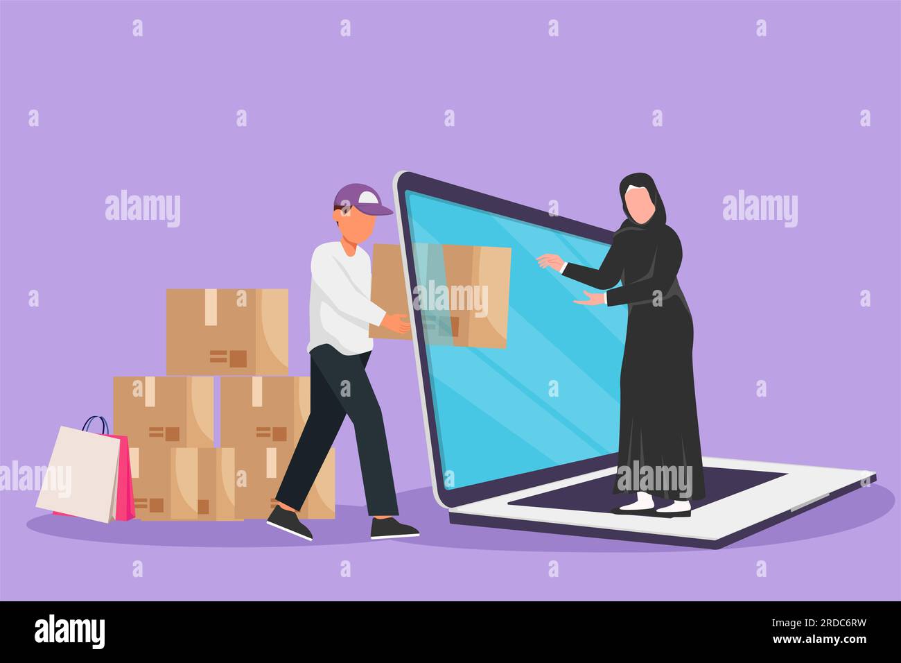 Graphic flat design draw male courier deliver box package and through ...