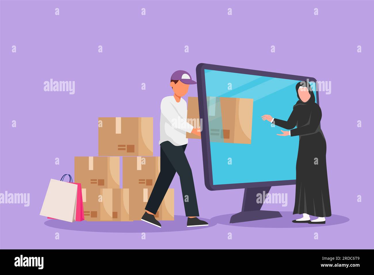 Character flat drawing male courier deliver box package and through ...