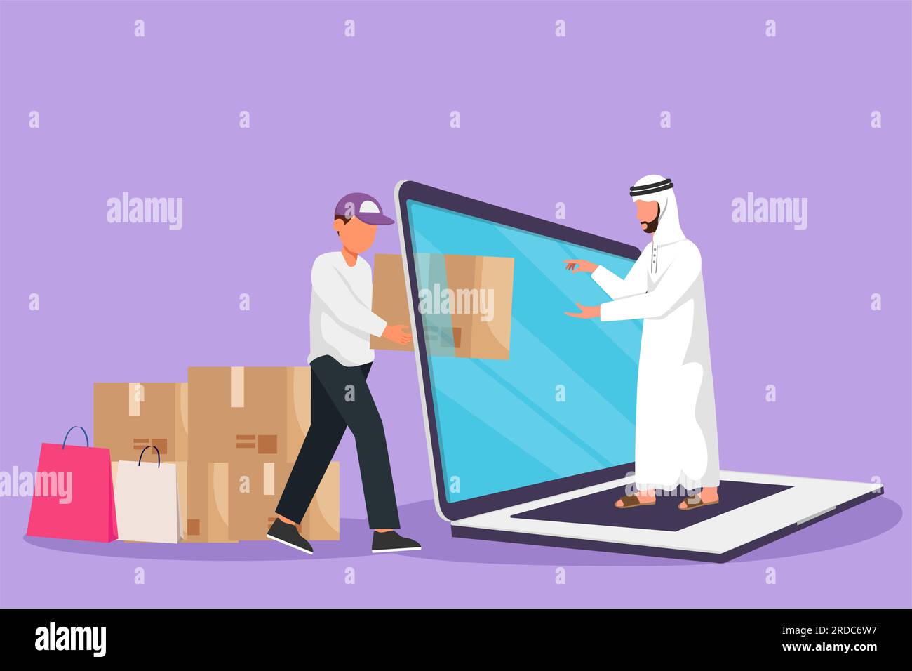 Character flat drawing male courier deliver box package and through ...