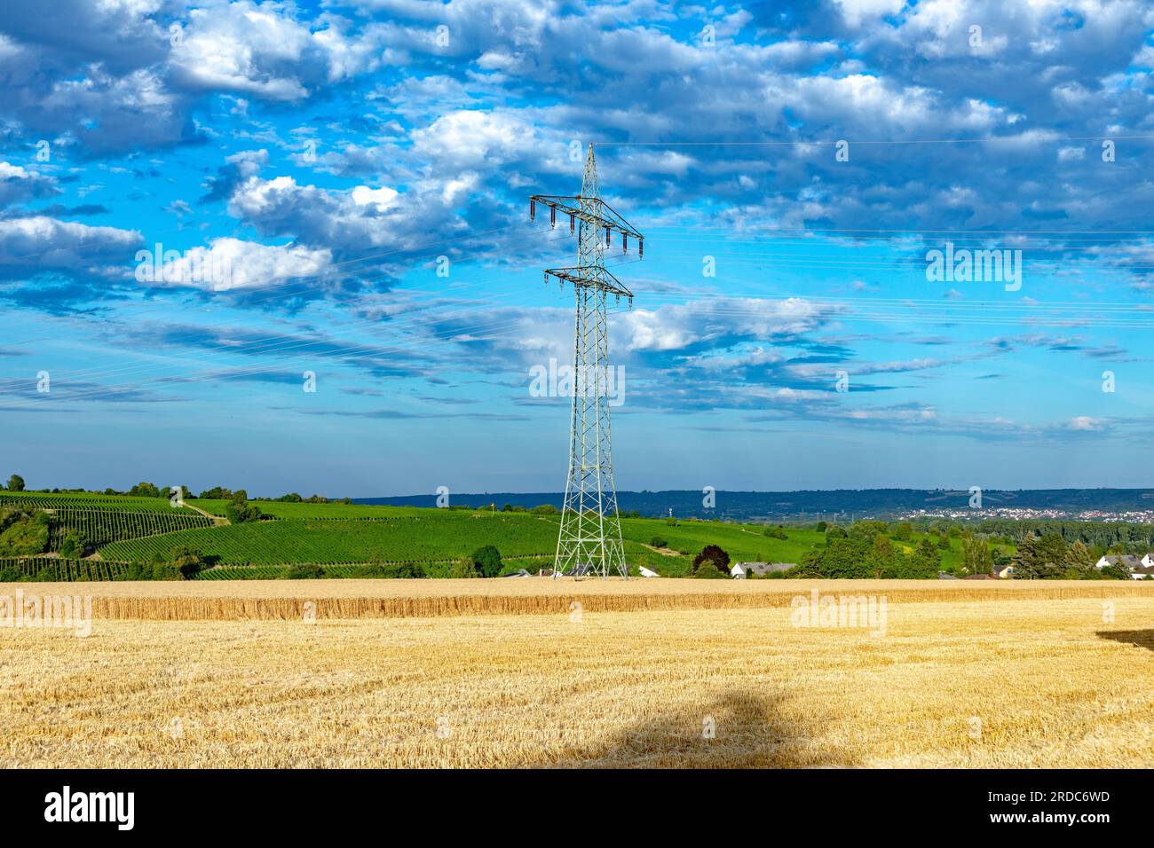 electric pylon at corn field with cloudy sky in scenic afternoon light ...