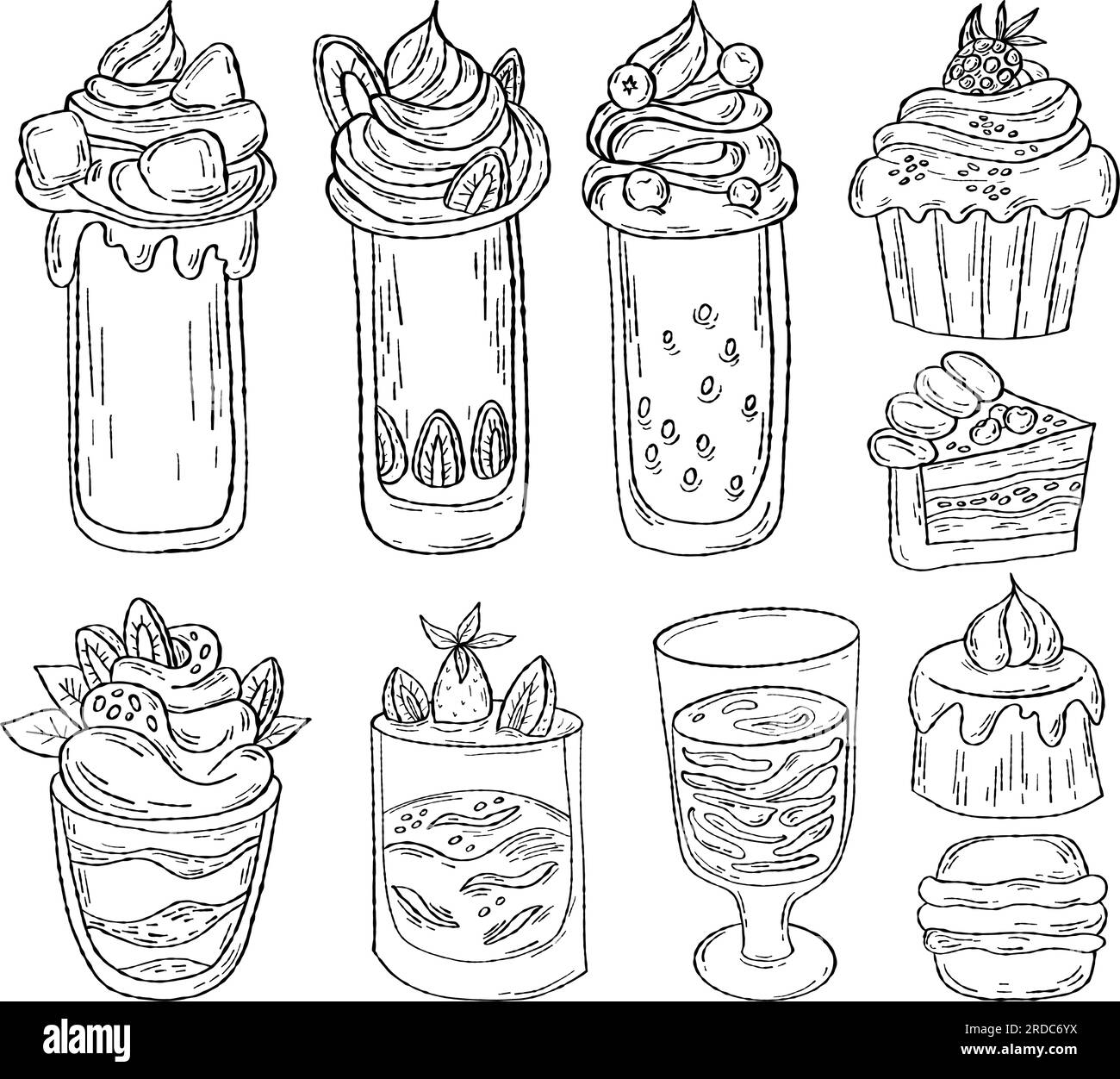 Collection outline sweet food, desserts, cake, cookie, muffin, pastries ...