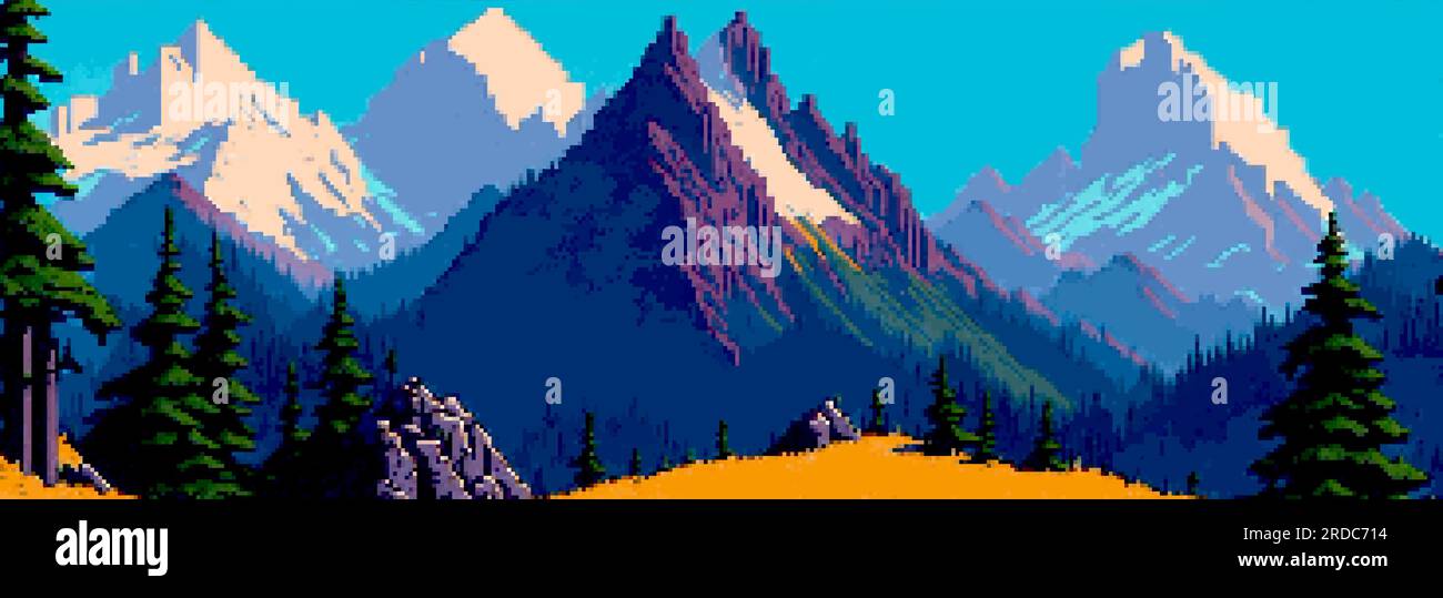 Landscape 8bit pixel art. Summer natural landscape mountain scenery ...
