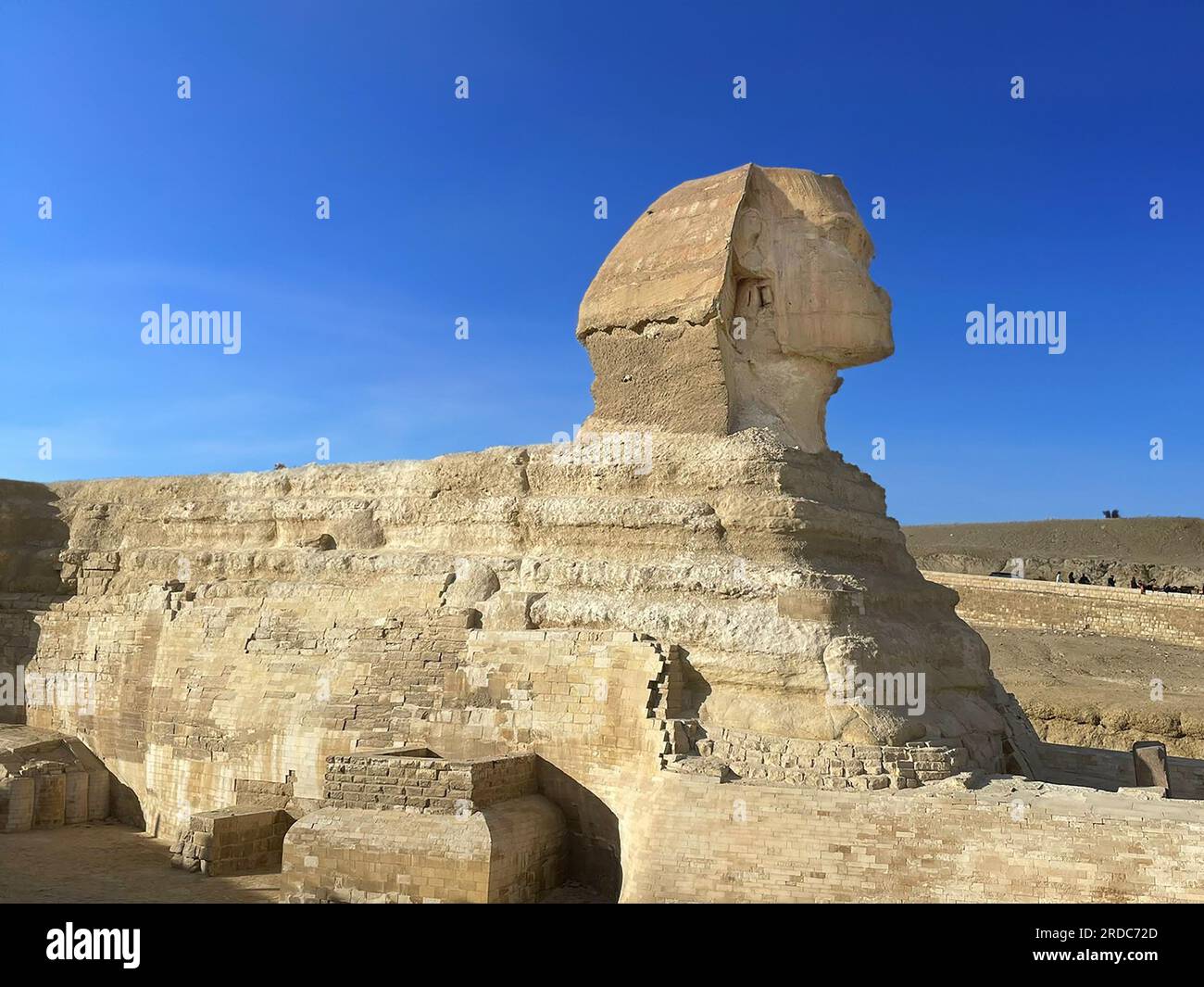 Full profile of Great Sphinx including pyramid in the background on a ...