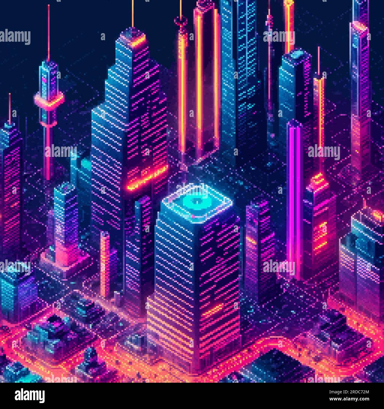 Three-dimensional projection pixel 8-bit art view of the city. 3D ...