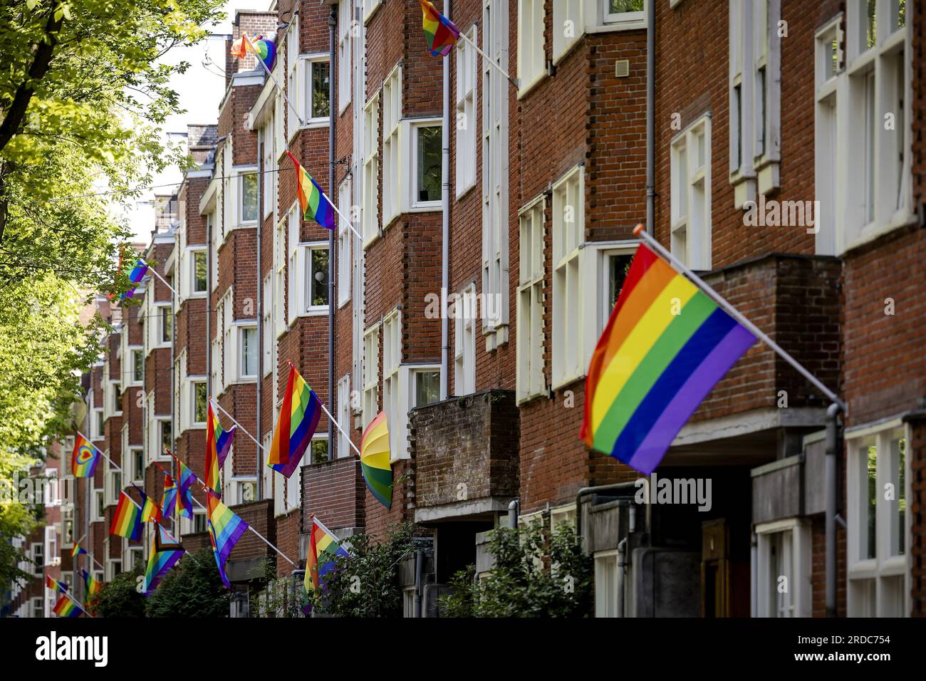 AMSTERDAM - Rainbow flags on houses in the run-up to Queer & Pride ...