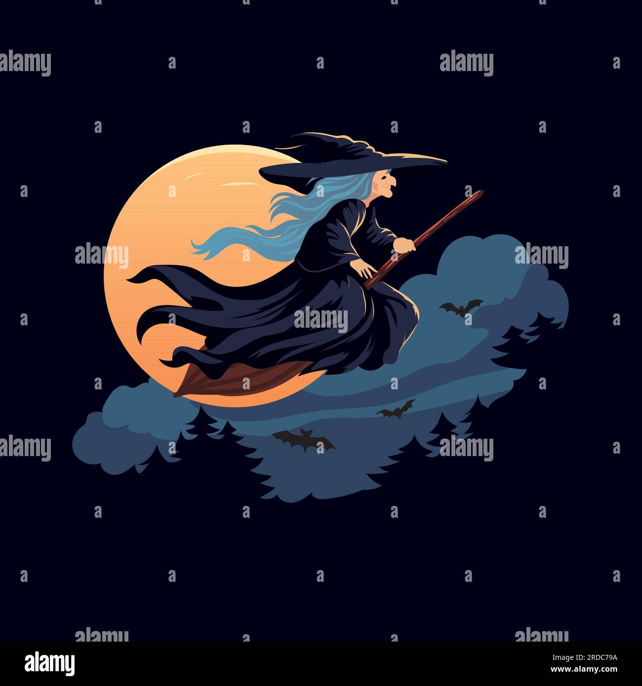 Witch flying on broom on Halloween night cartoon vector illustration ...