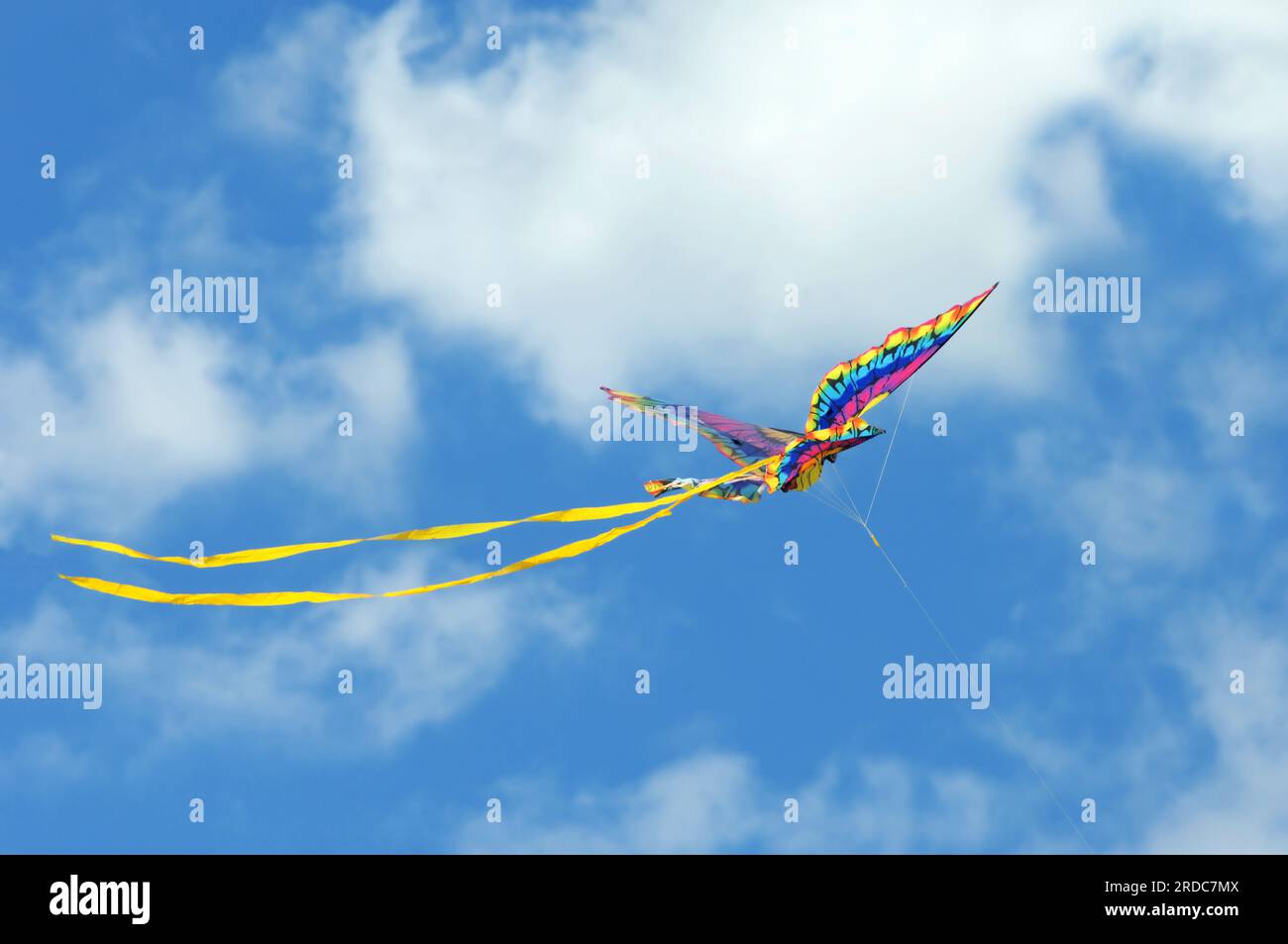 High flying butterfly kite sails against a vivid blue sky filled with ...