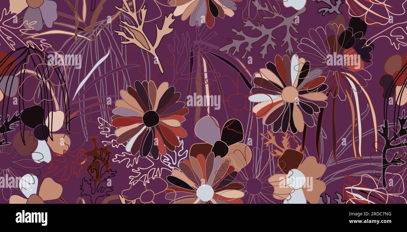 Hand drawn floral abstract seamless pattern. Contour drawing. Sketch ...