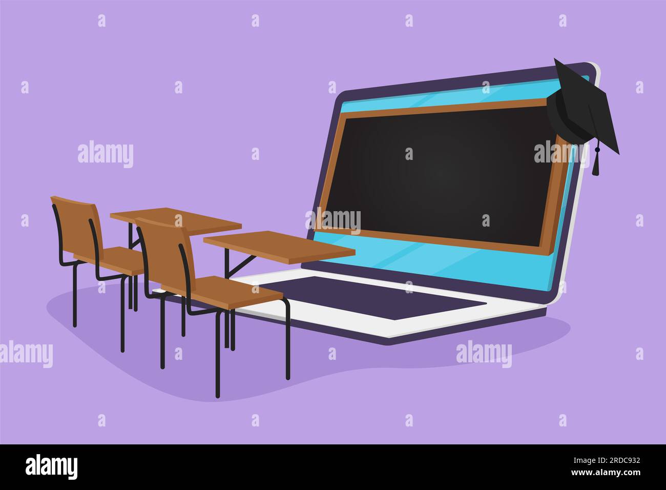 Character flat drawing empty study chairs and desks facing giant laptop ...