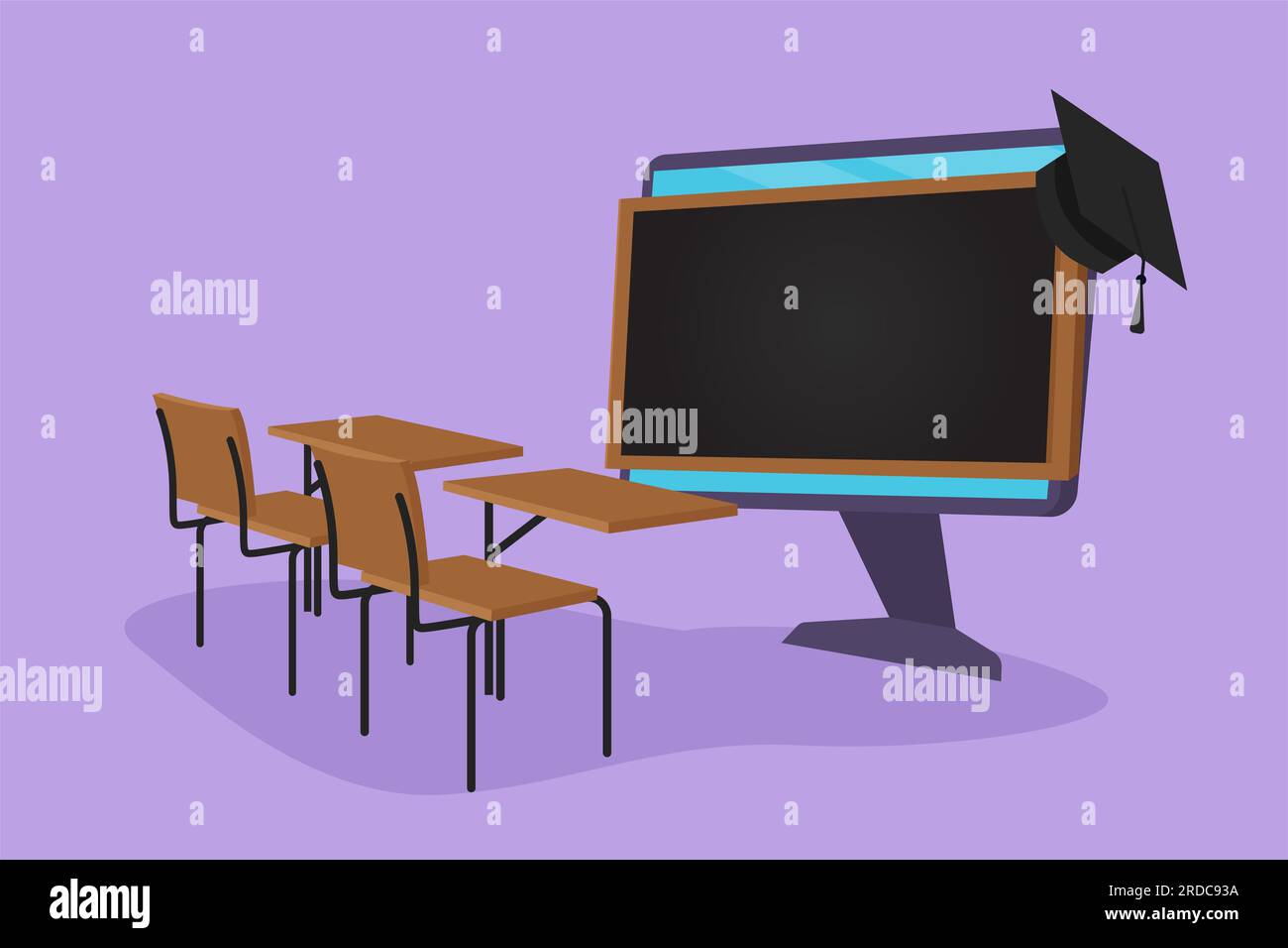 Graphic flat design drawing empty study chairs and desks facing giant ...