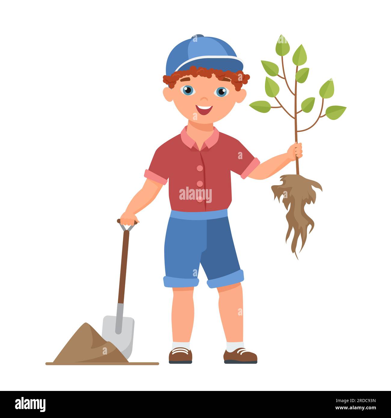 Little boy planting a tree. Happy child gardening, save nature vector ...
