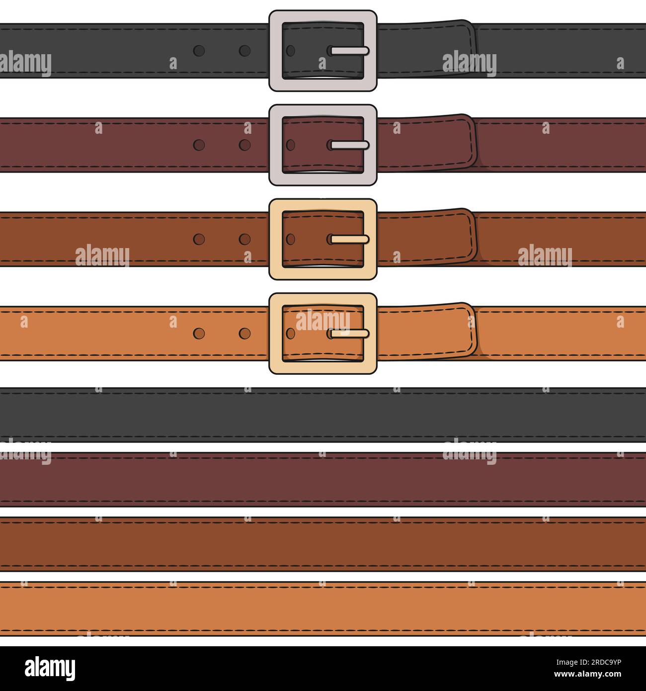 Set of color illustration of leather belt with buckle. Isolated vector ...