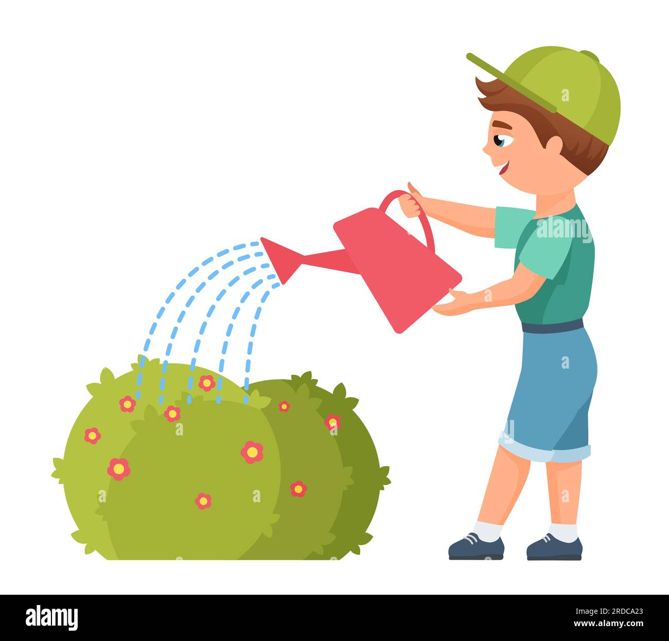 Little boy watering garden plant. Children gardening activity vector ...