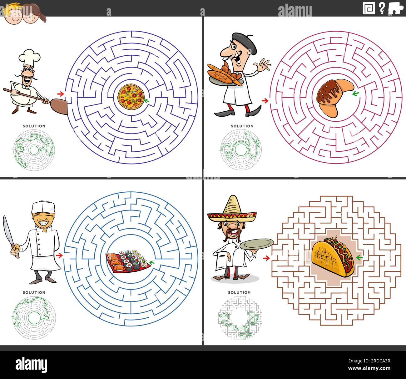 Cartoon illustration of educational maze puzzle activities set with ...