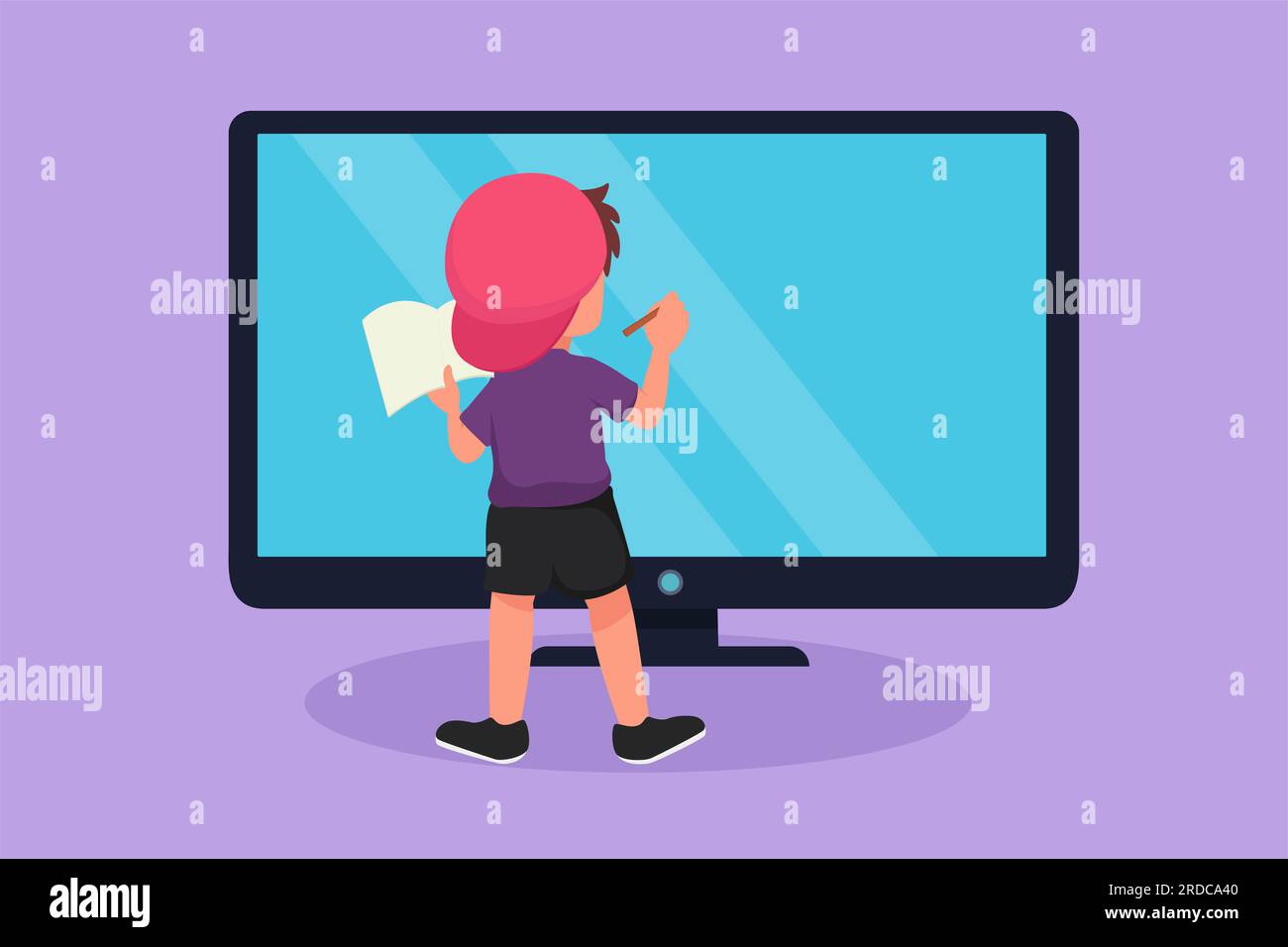 Cartoon flat style drawing of pre schooler boy student writing on giant ...