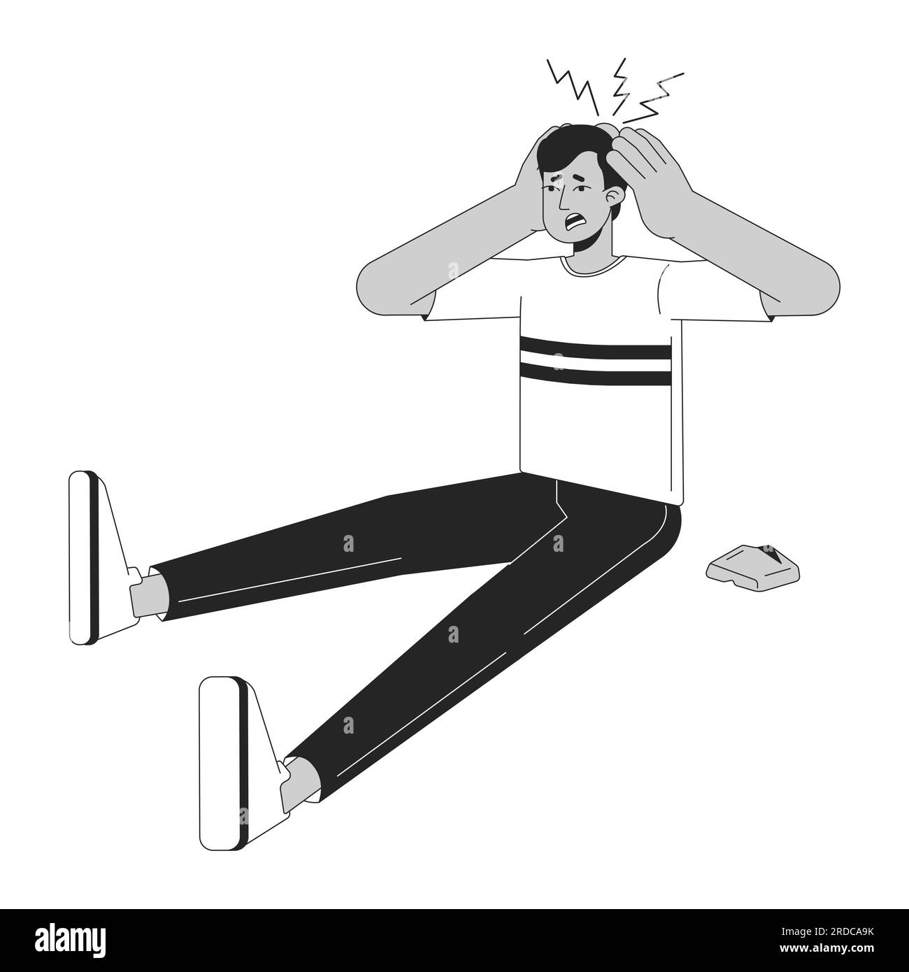 Man sitting on floor flat line black white vector character Stock ...