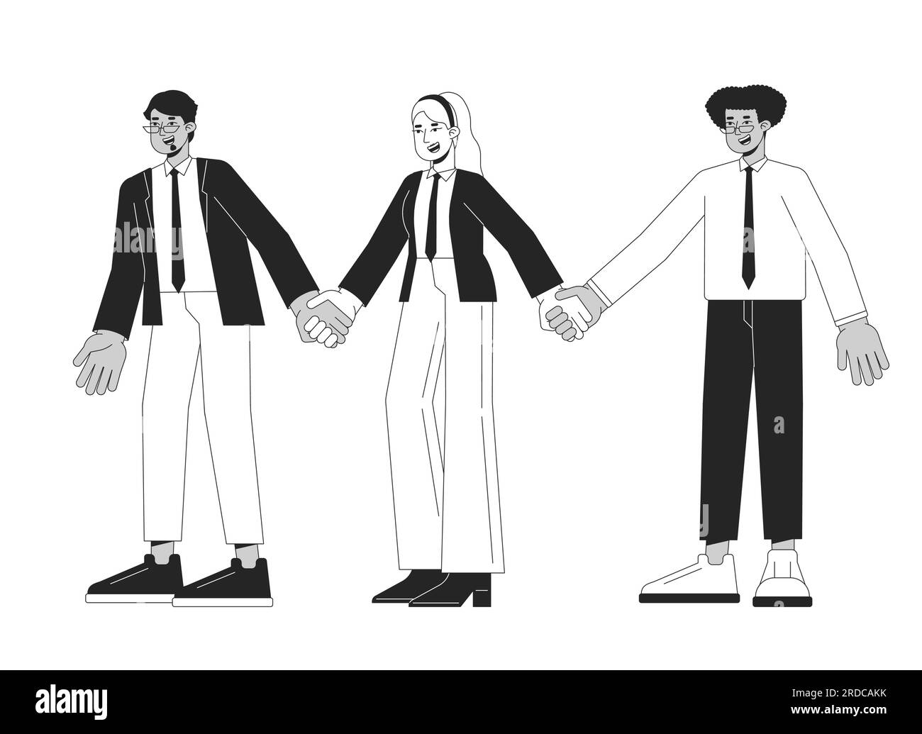 Diverse corporate employees holding hands flat line black white vector ...