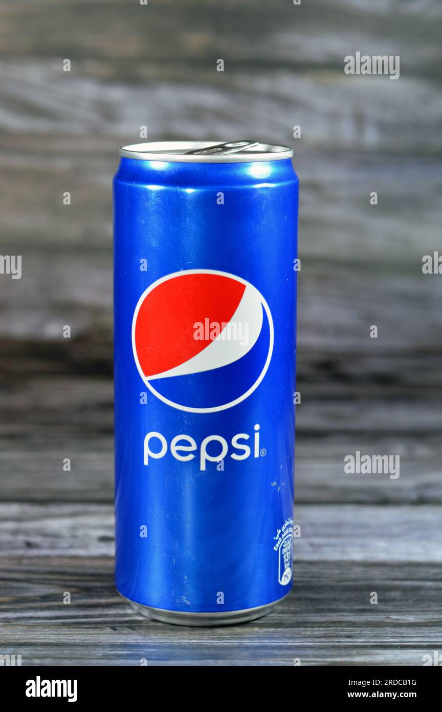 Cairo, Egypt, June 24 2023: Pepsi can, a Cola flavor plastic bottle, a ...