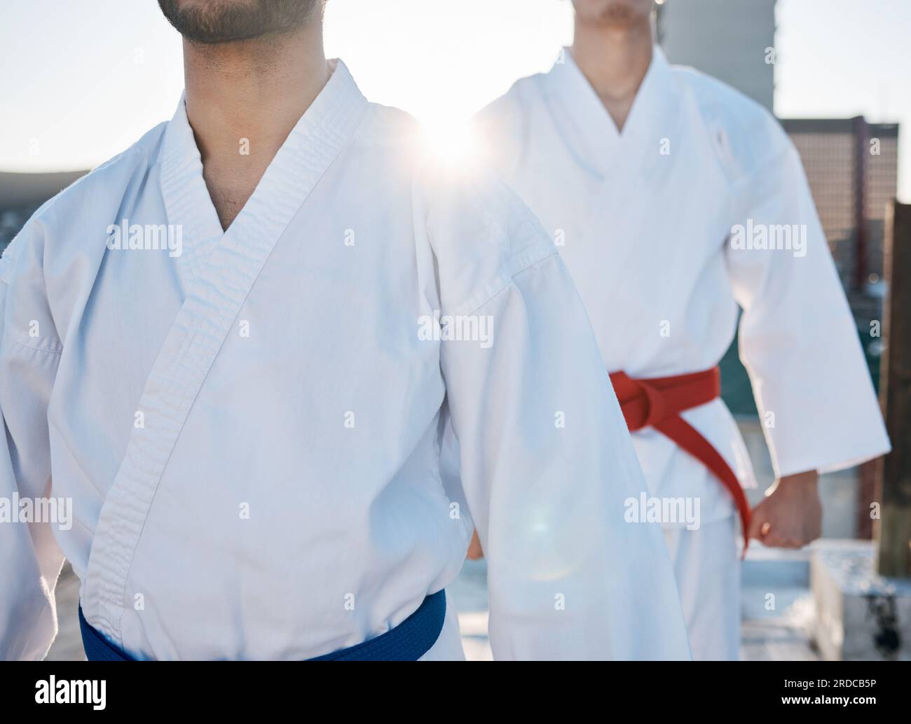 Karate, gi and men in city for training, workout and start exercise ...