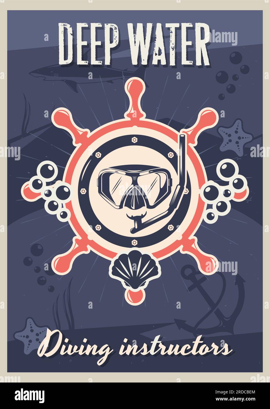 Scuba diving instructors vintage typography poster template, vector ...