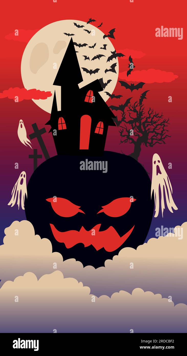 Ghosts flying around an old cabin standing on big evil pumpkin cartoon ...