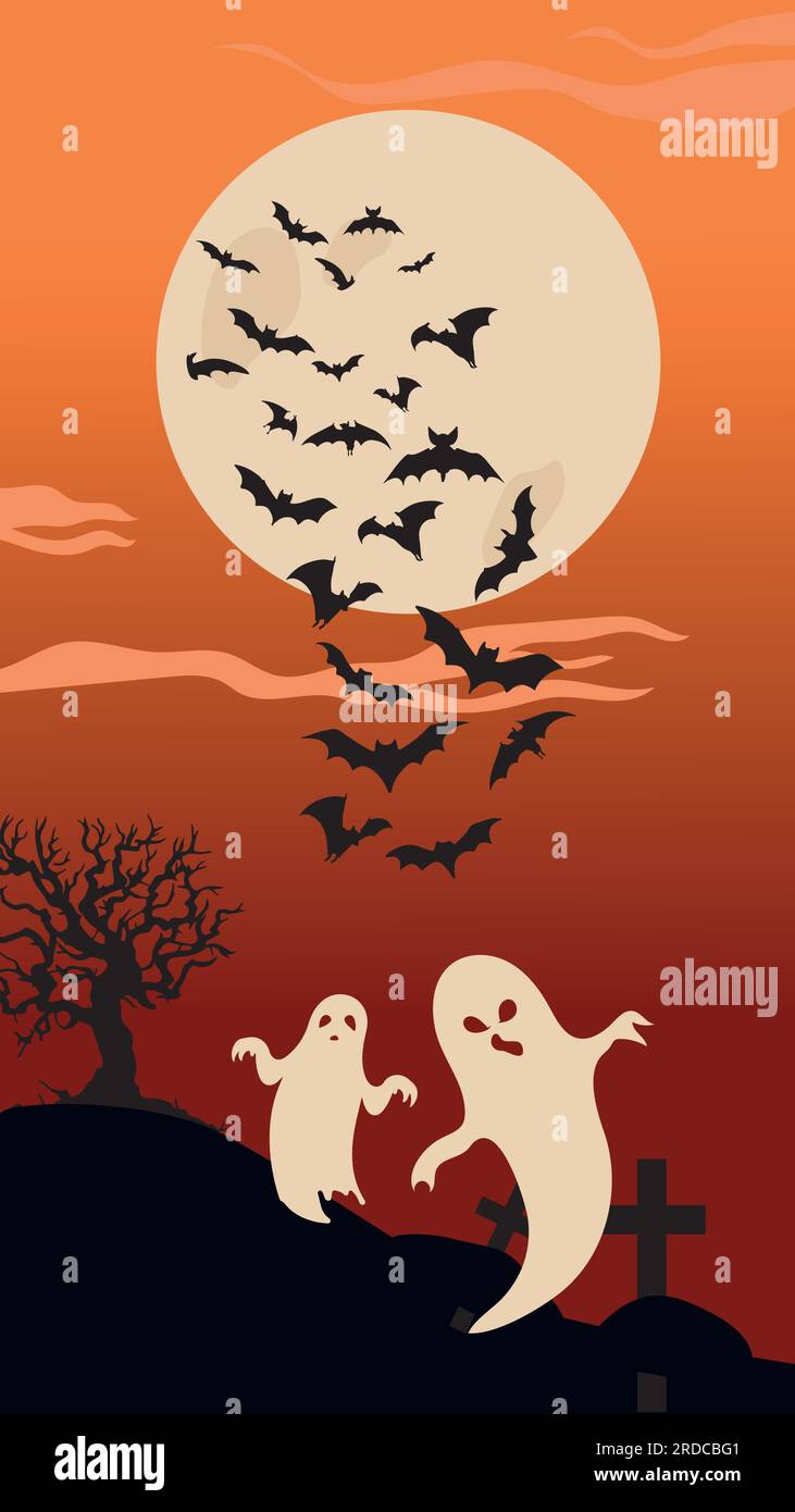 Scary ghosts and bats full moon Halloween night cartoon vector ...